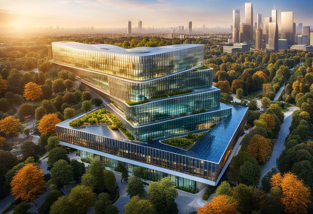 A modern office building a city in the background,... - Graphisoft ...