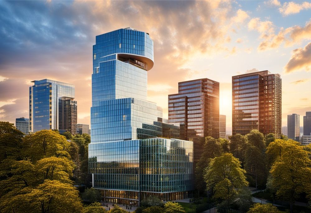 A modern office building a city in the background,... - Graphisoft ...